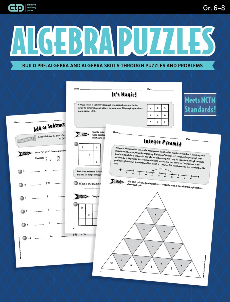 Algebra Puzzles for Grade 8 Pre-Algebra & Algebra Review