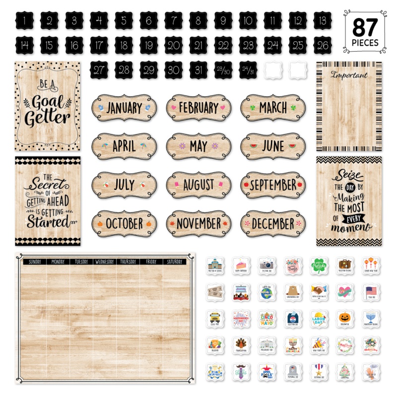 Black, White, and Wood Calendar Set Bulletin Board Set
