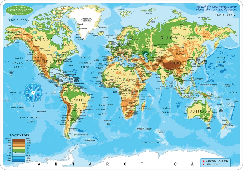 Smart Poly Wipe off Double-Sided Learning Mat, World Map Physical